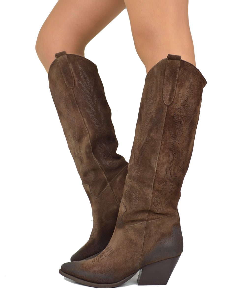 Brown Suede Cowboy Boots with Tone-on-Tone Stitching and Decorative De ...