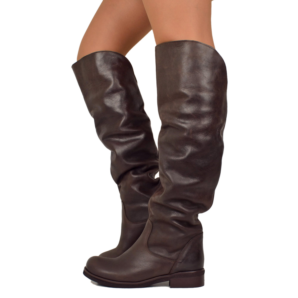 Dark Brown Leather Knee High Boots Low Heel – KikkiLine Calzature