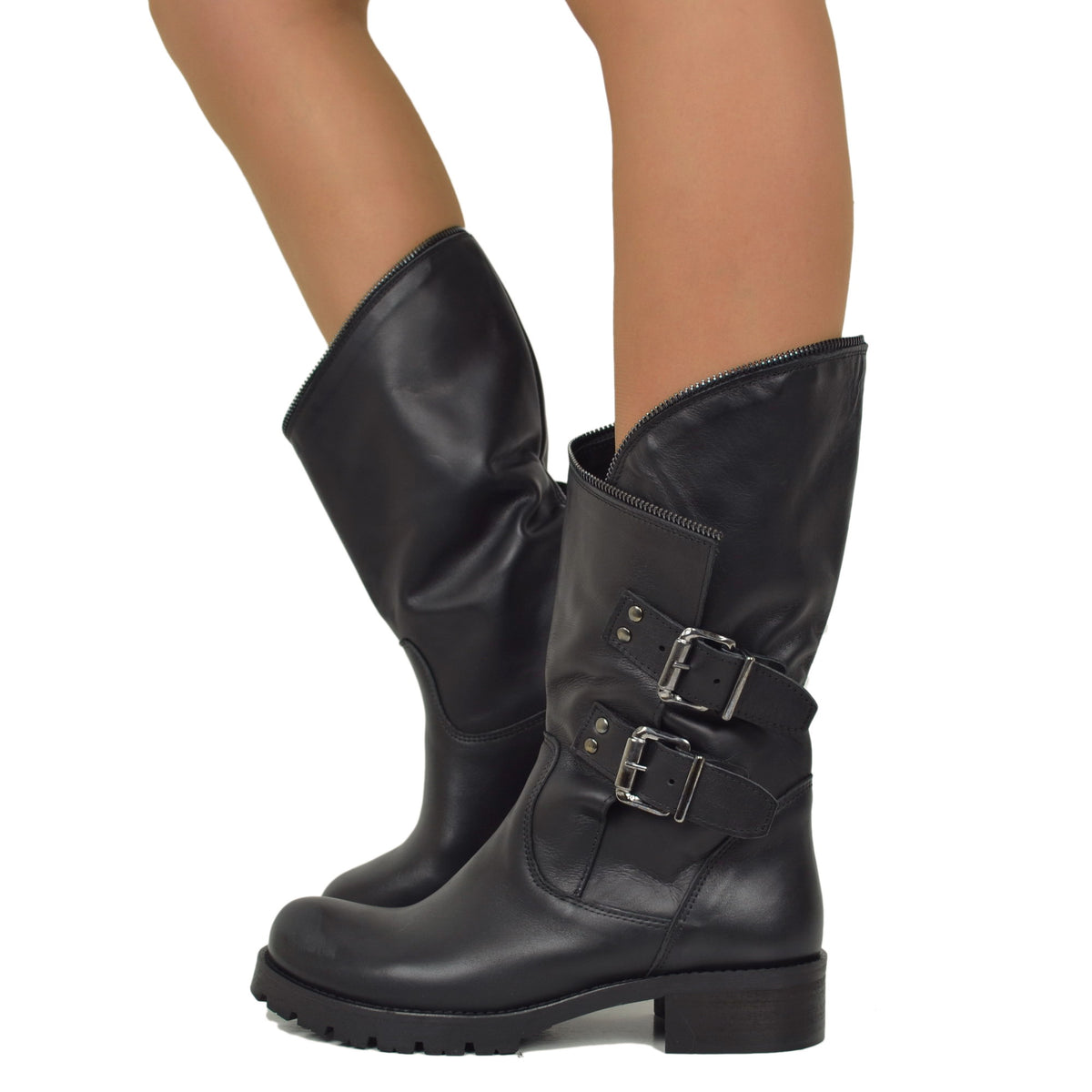 Stivali Biker con Polpaccio Ampio e Regolabile con Zip Vera Pelle Neri ...