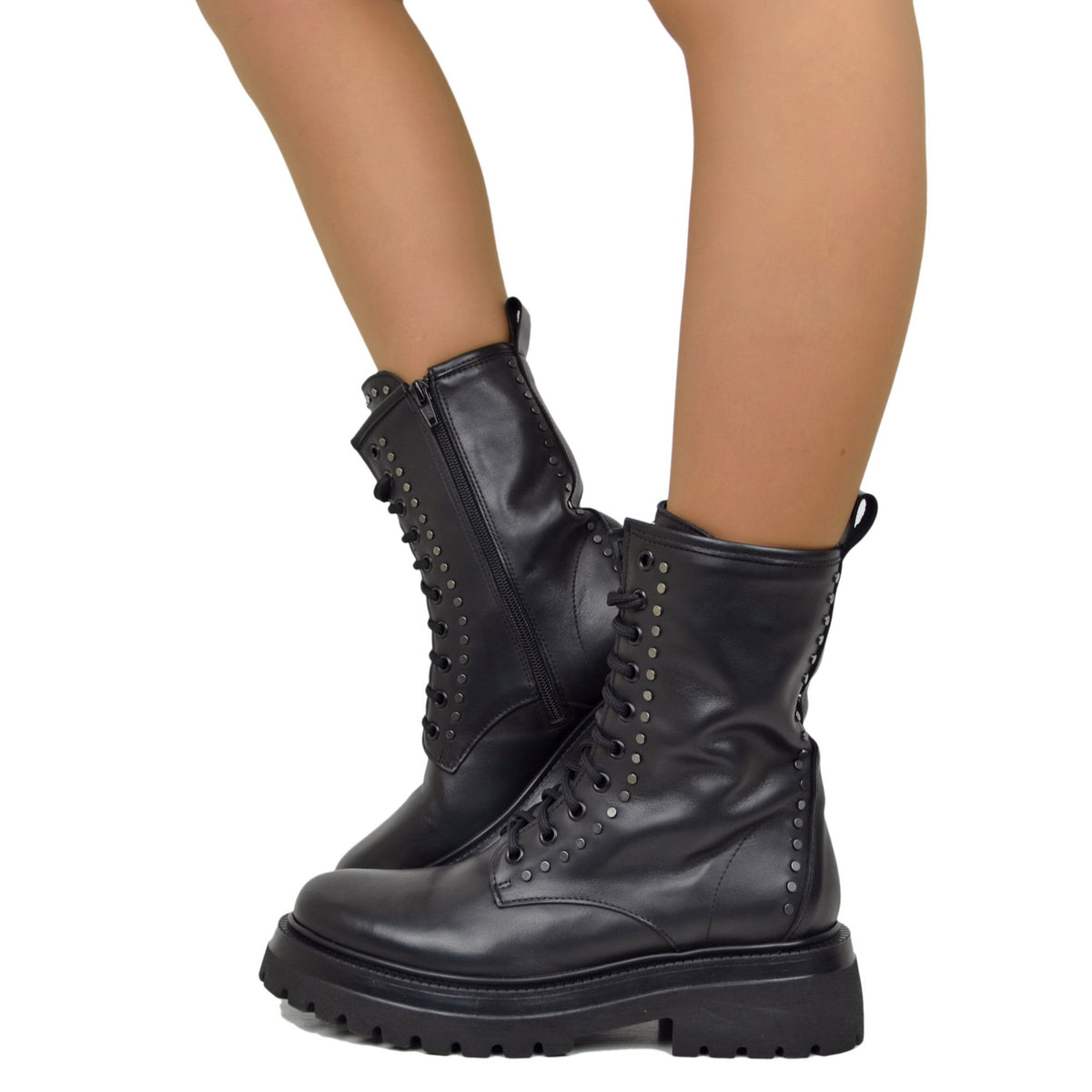 Lace-Up Combat Boots with Silver Studs – Genuine Leather Chunky Boots ...