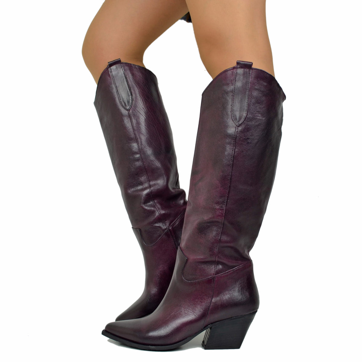 Stivali Texani Bordeaux in Pelle con Tacco Largo Made in Italy ...