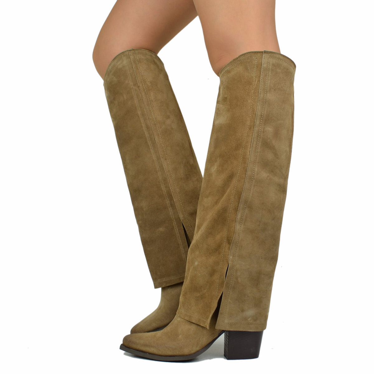 Stivali Eleganti Alti con Ghetta Vera Pelle Scamosciata Taupe Tacco 8 ...