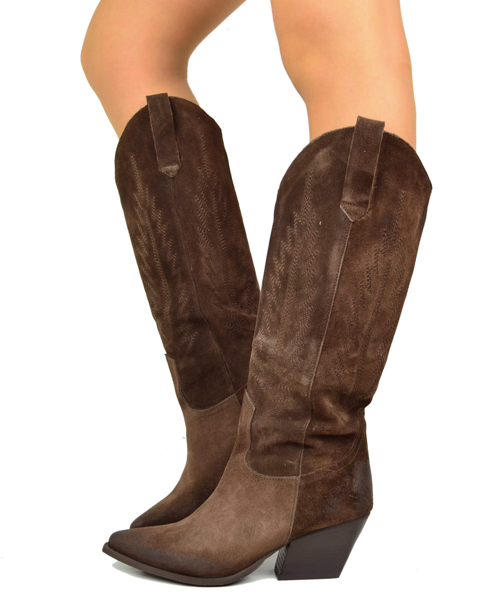 Bottes Western Hautes en Daim Matelassé Couleur Chocolat – Made in Ita ...