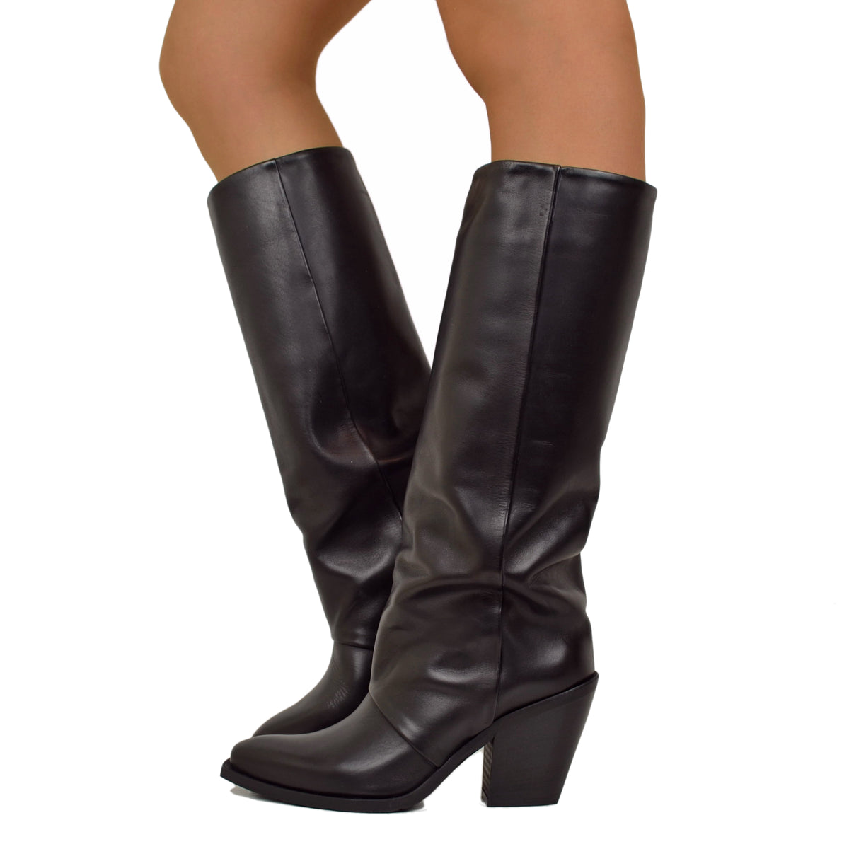 High Cowboy Texan Boots with Gaiter, Smooth Leather, High Heel, Black ...
