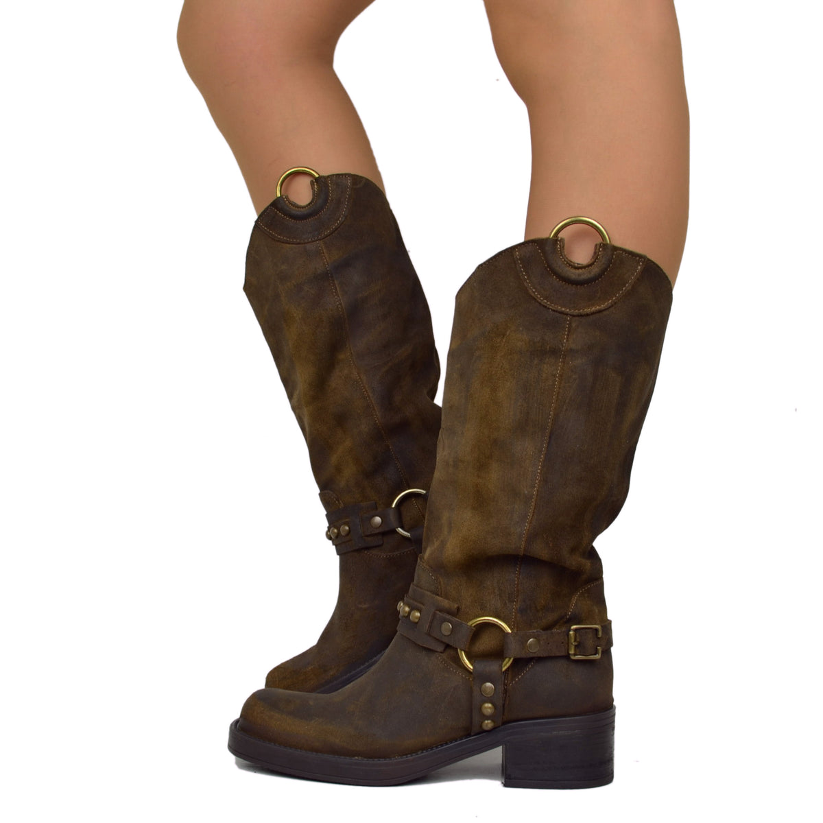 Biker con Dettagli Western Borchie Bronzo e Punta Quadrata in Pelle In ...