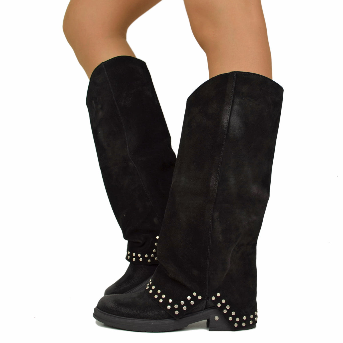 Bottes Biker Hautes avec Guêtre et Clous Argentés Cuir Daim Noir ...