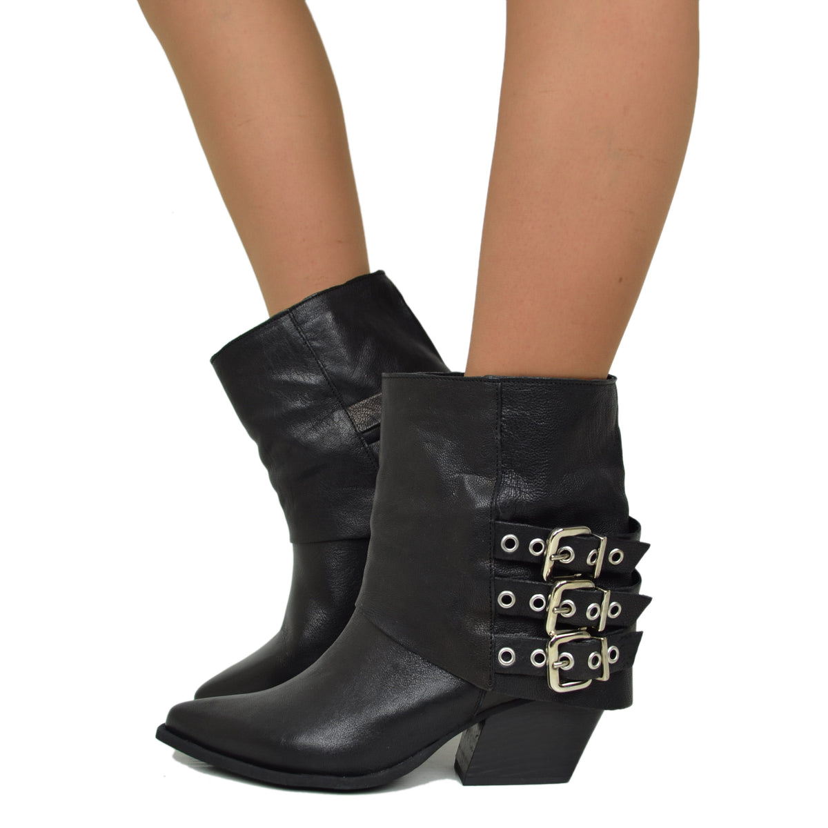 Cowboy Ankle Boots with Gaiter and Silver Buckles, Bold Genuine Black ...