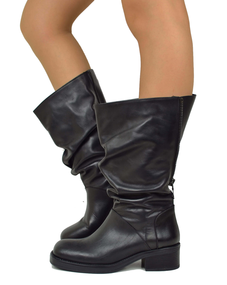 Biker Boots for Wide Calves – XL Shaft in Black Genuine Leather with A ...