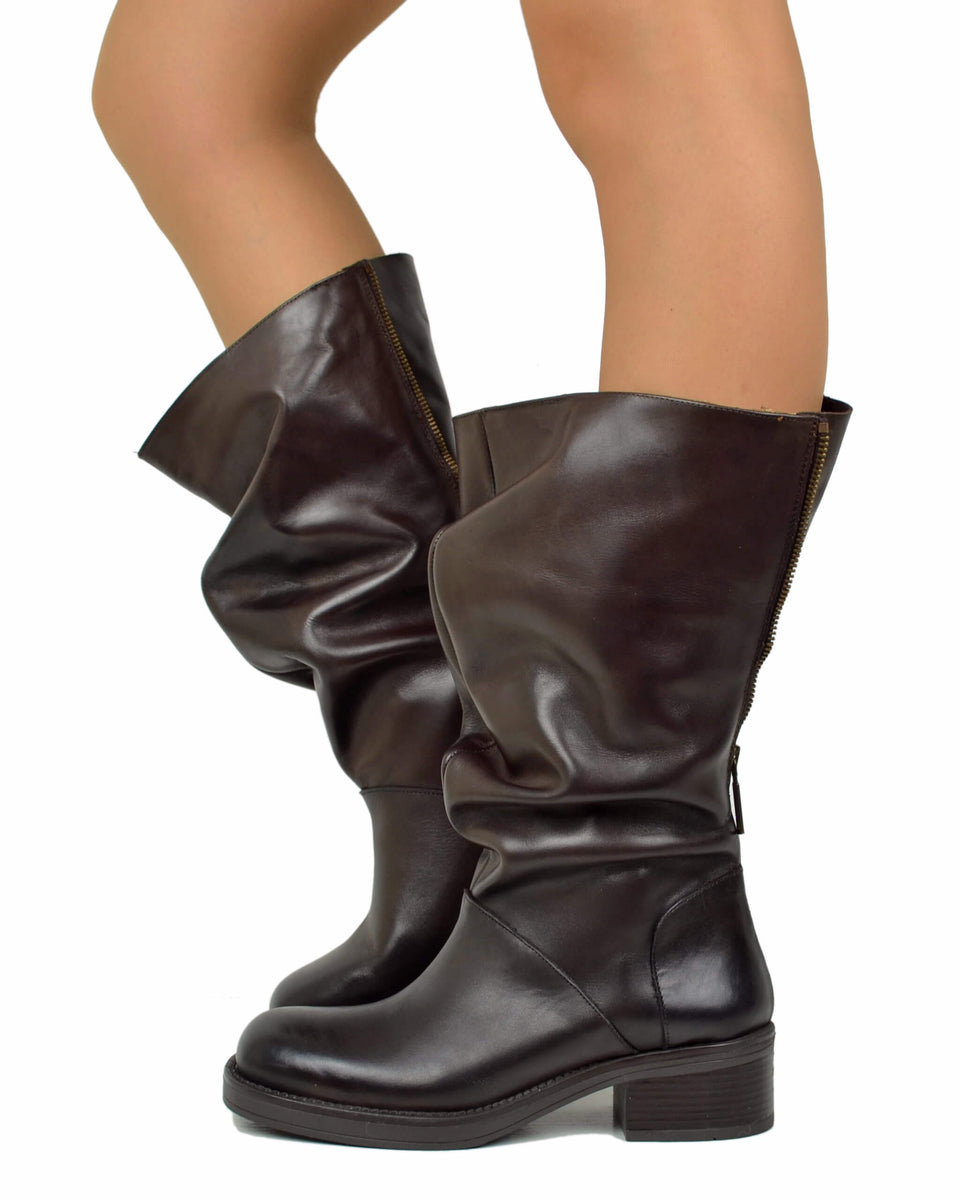 Biker Boots for Wide Calves – XL Shaft in Shaded Dark Brown Genuine Le ...