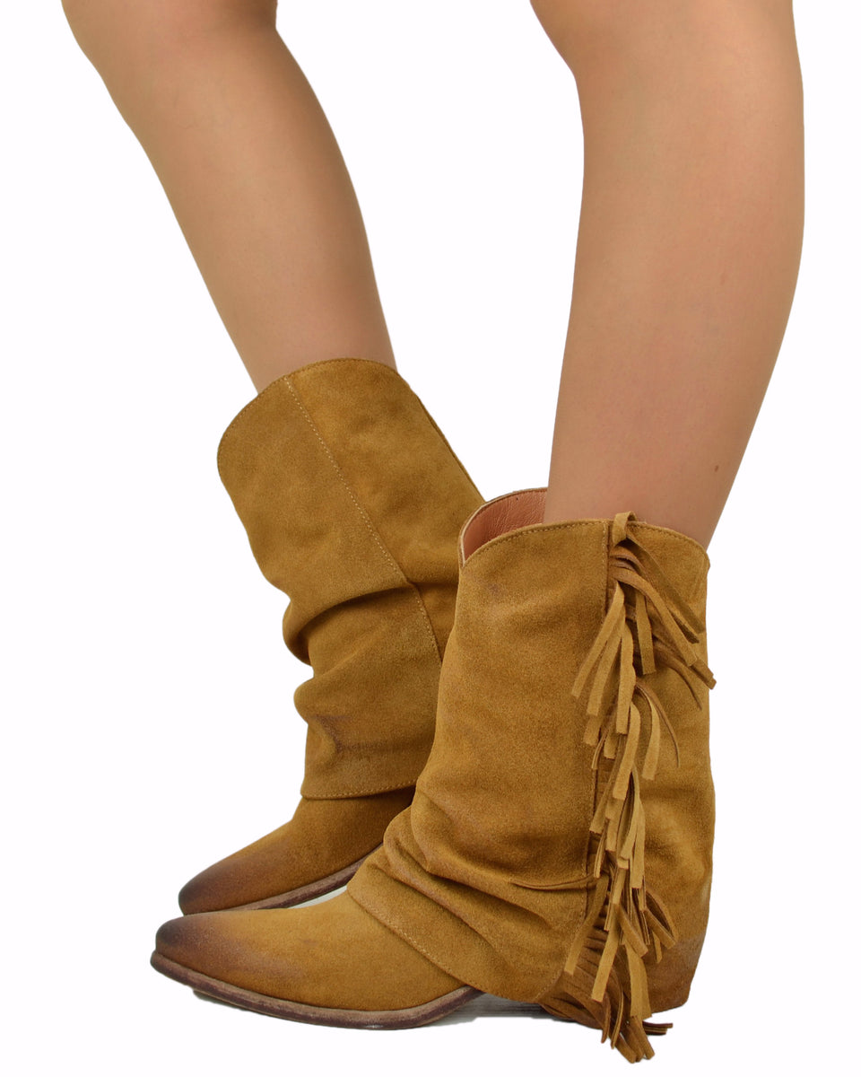 Suede Leather Cowboy Boots with Gaiter and Fringes, Genuine Leather So ...
