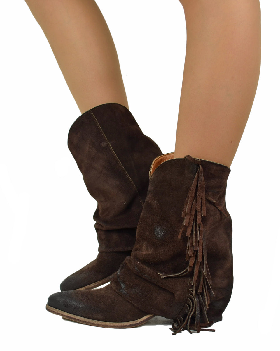 Cowboy Boots in Suede Leather with Gaiter and Fringes, Genuine Leather ...