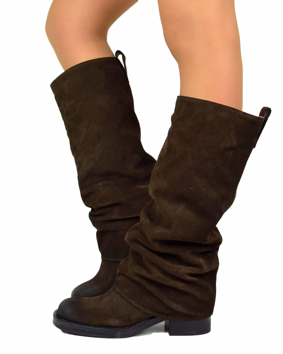 High Overknee Western Boots in Brown Suede with Buckle – Made in Italy ...