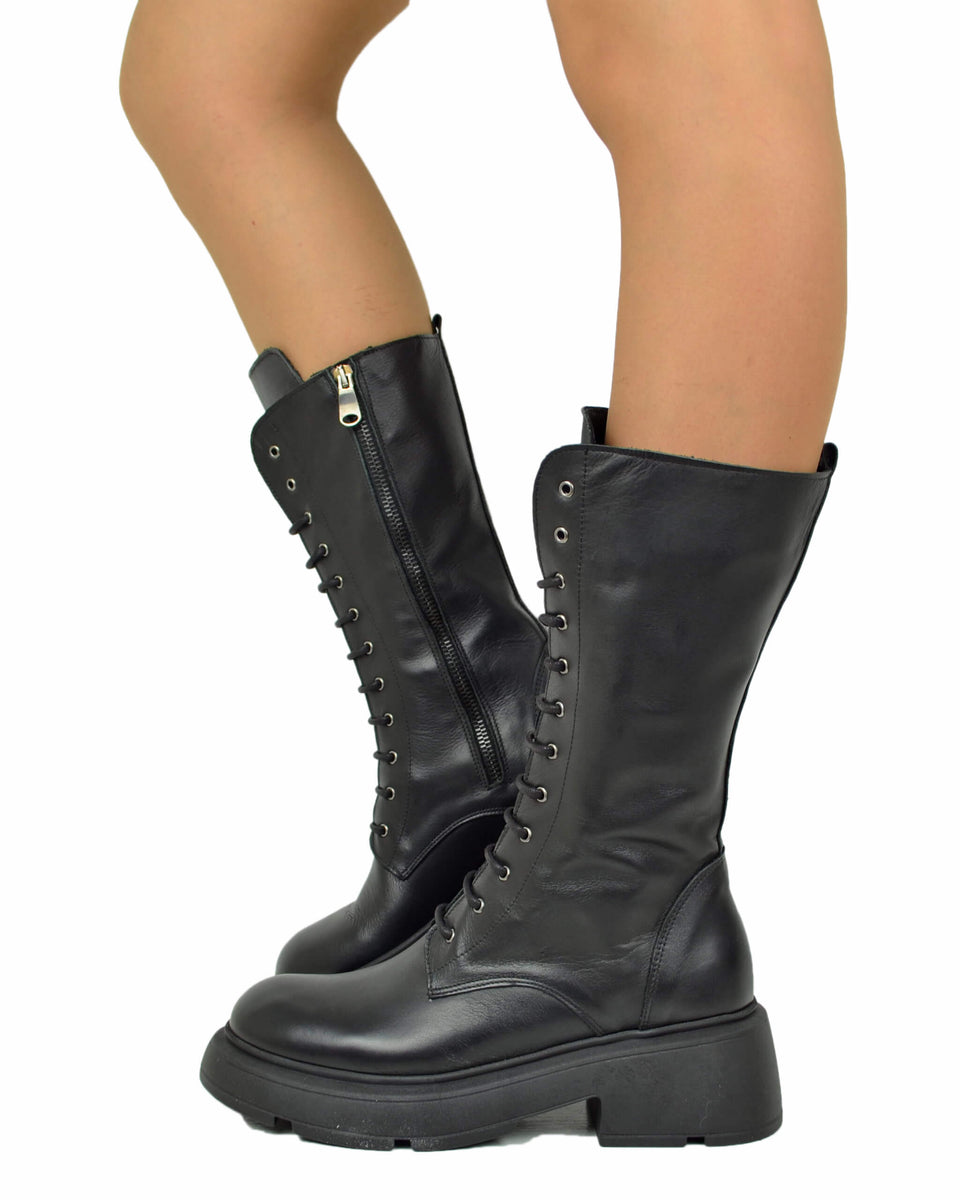 Women’s Black Platform Combat Boots 12 Eyelets in Genuine Leather – Ro ...