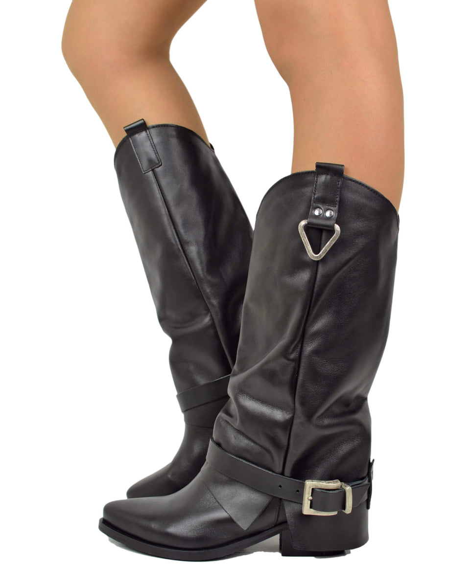 Black Genuine Leather Boots with Gaiters and Silver Buckles – Cowboy S ...