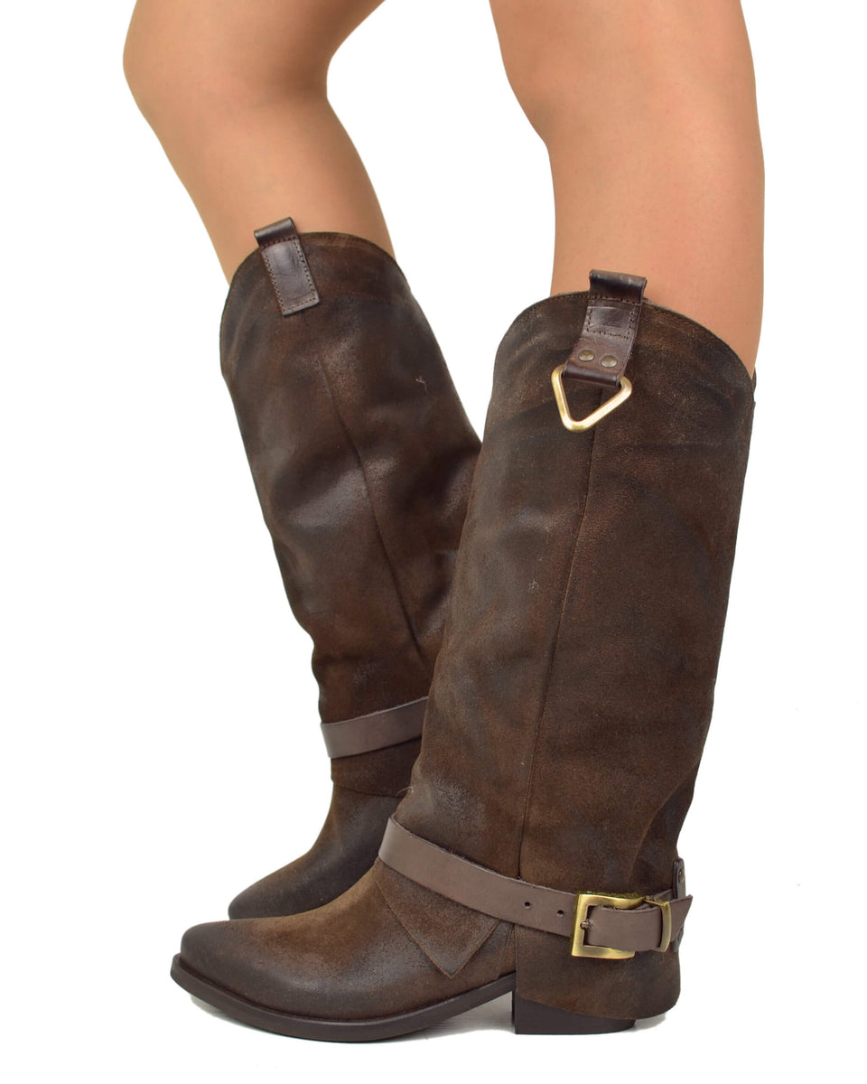 Brown Suede Leather Boots with Gaiters and Bronze Buckles – Cowboy Sty ...