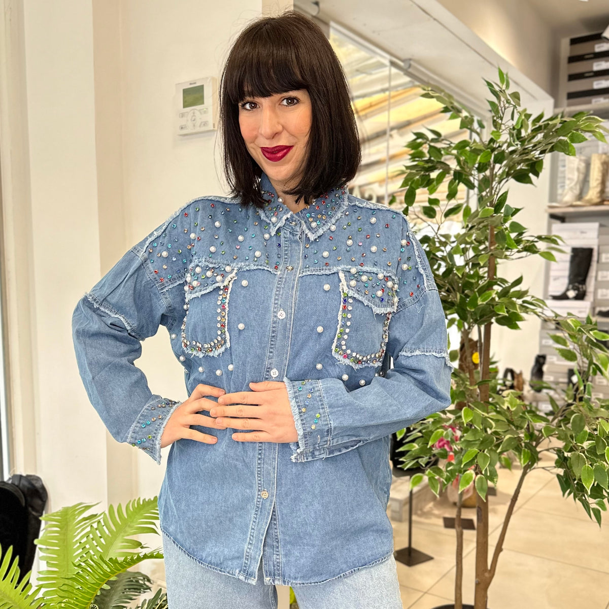 Ada Denim Shirt with Studs and Jewel Rhinestones – KikkiLine Calzature