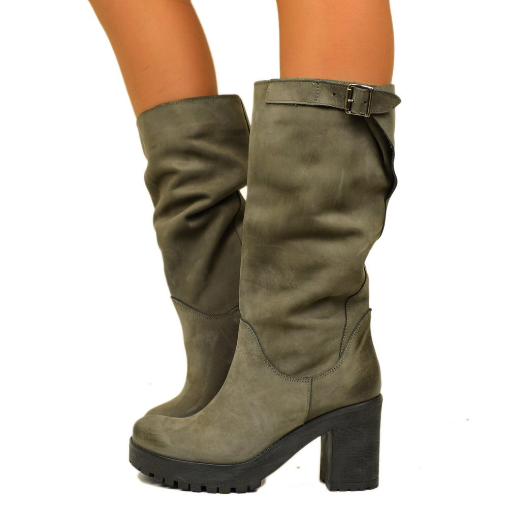 Stivali Donna Grigi in Pelle Nabuk con Tacco Alto e Largo – KikkiLine ...