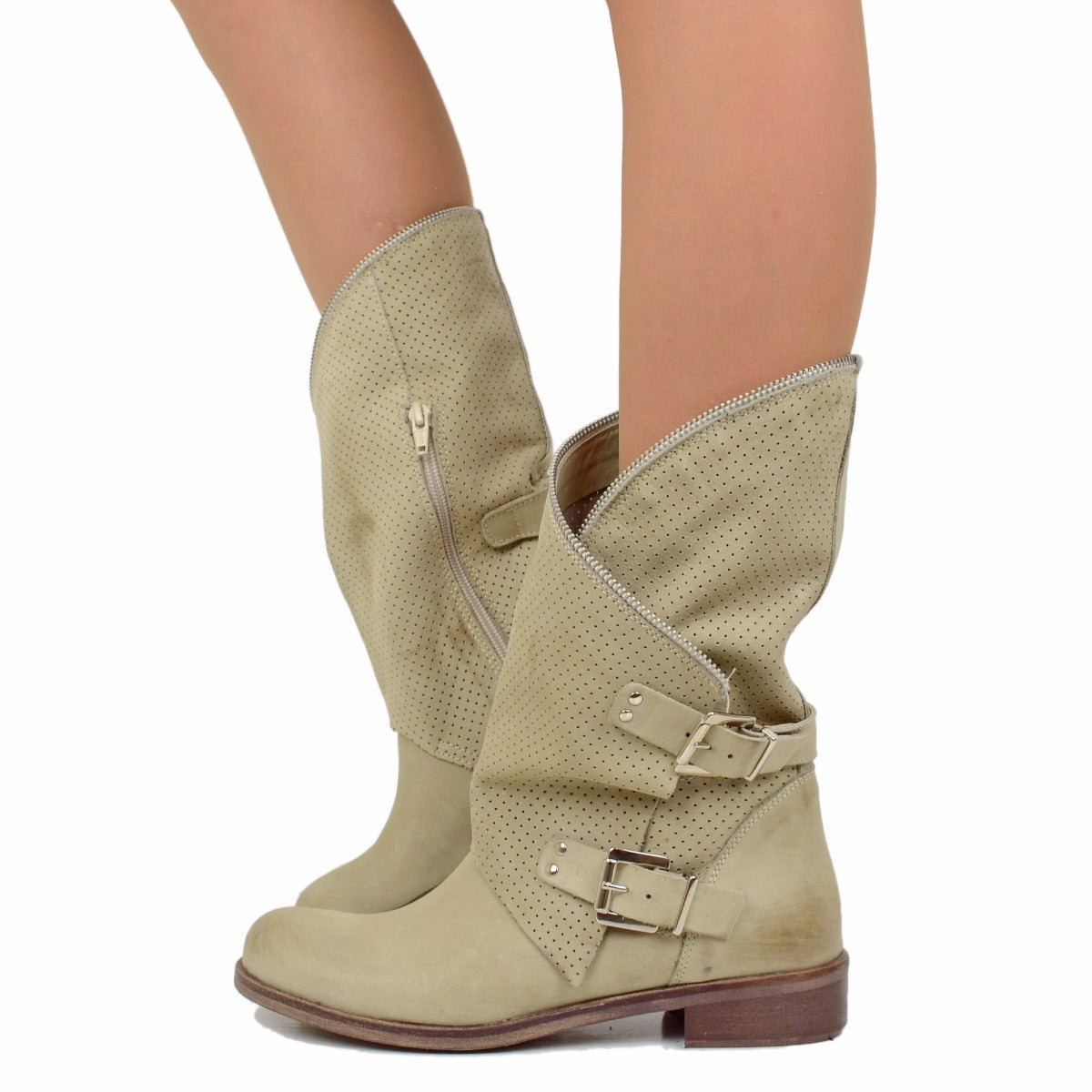 Women's Taupe Perforated Biker Boots with Nubuck Leather Buckles ...