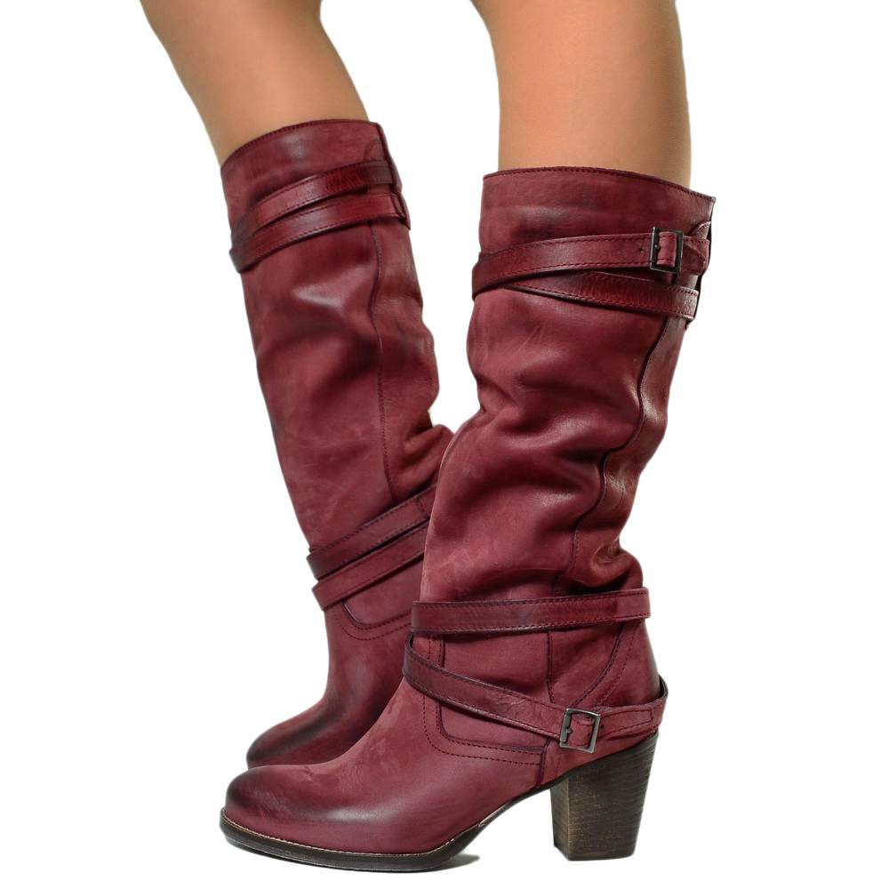 Women's Mid Heel Boots in Burgundy Nubuck Leather – KikkiLine Calzature
