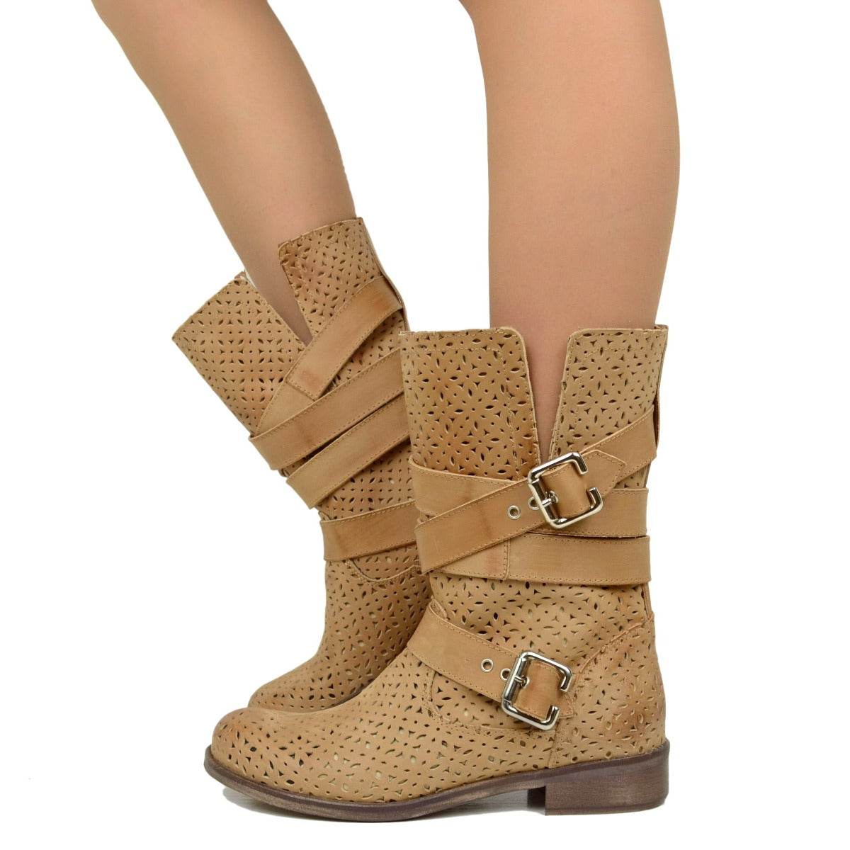 Stivali Donna Biker Traforati in Pelle Nabuk Marroni Made in Italy ...