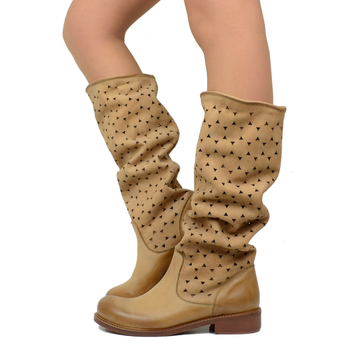 Stivali Donna Estivi in Pelle Traforata Cuoio Made in Italy – KikkiLine ...