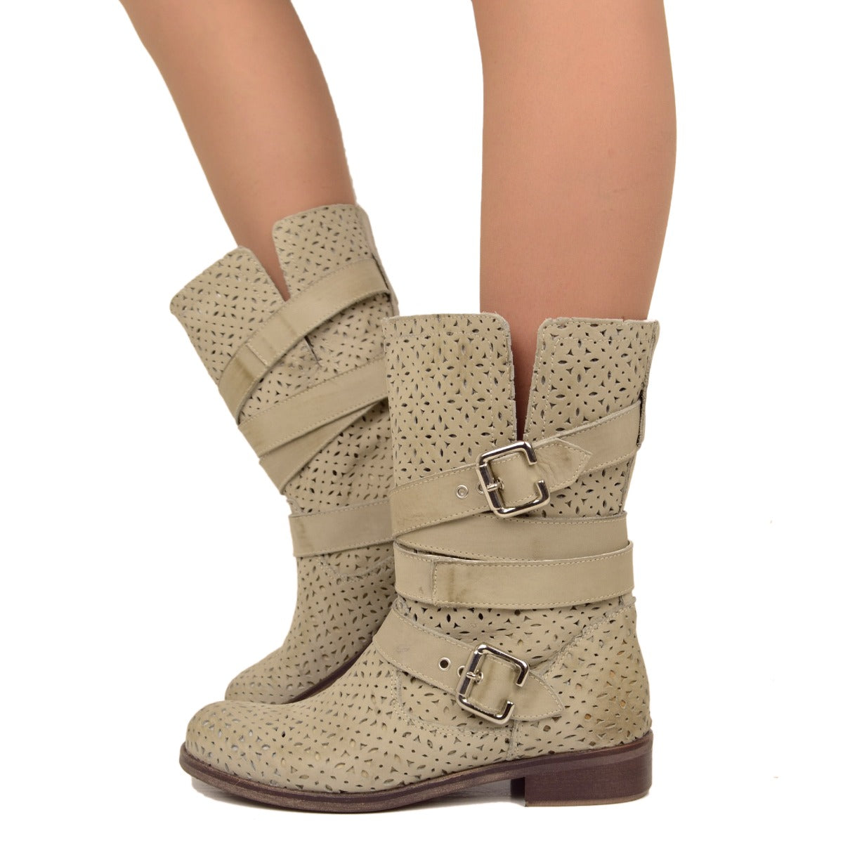 Women's Biker Perforated Boots in Taupe Nubuck Leather Made in Italy ...