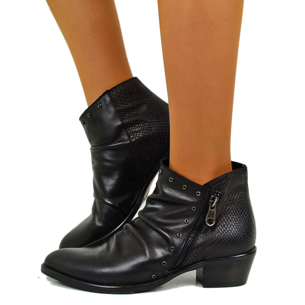 Women's Black Ankle Boots in Python Effect Leather Made in Italy ...