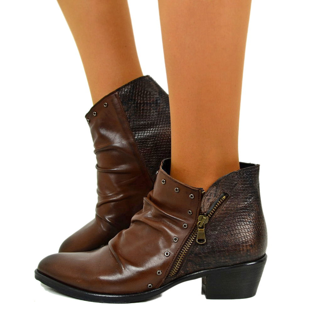 Women's Brown Python Effect Leather Ankle Boots Made in Italy ...