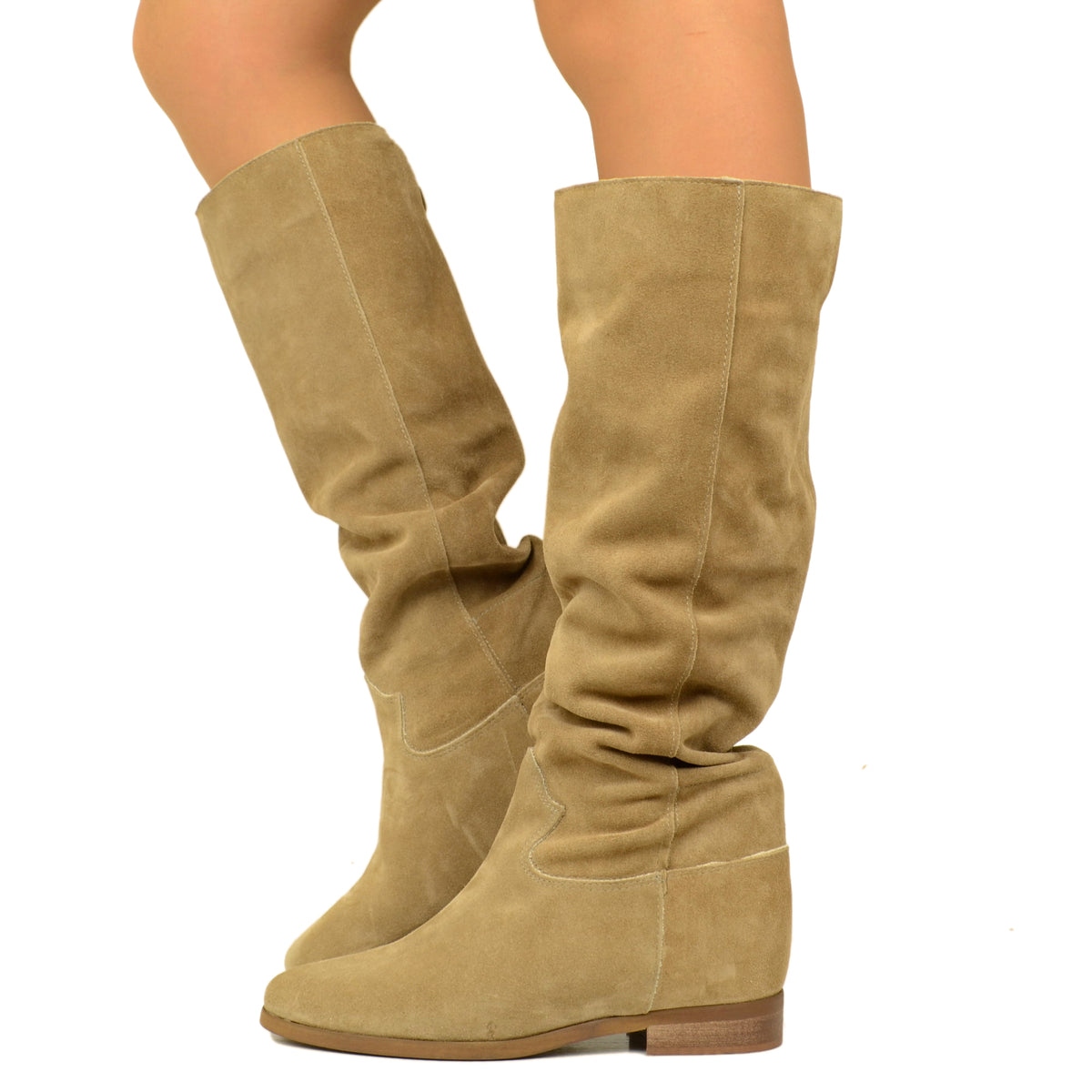 Women's Beige Suede Boots with Internal Wedge Made in Italy – KikkiLine ...